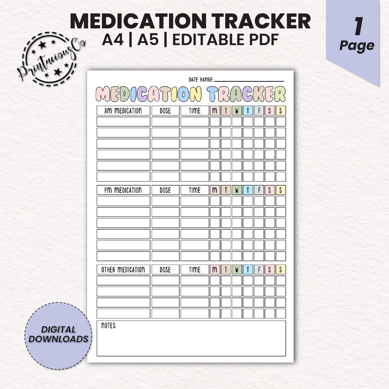 Editable Medication Tracker Medication Log Fillable PDF Medication List ...