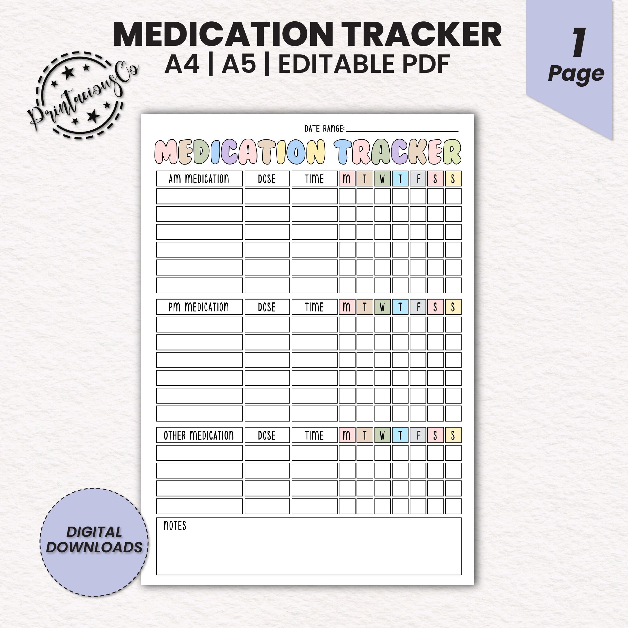 Editable Medication Tracker Medication Log Fillable PDF Medication List ...