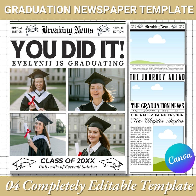 Graduation Newspaper Announcement Template: DIY Photo Keepsake (canva ...
