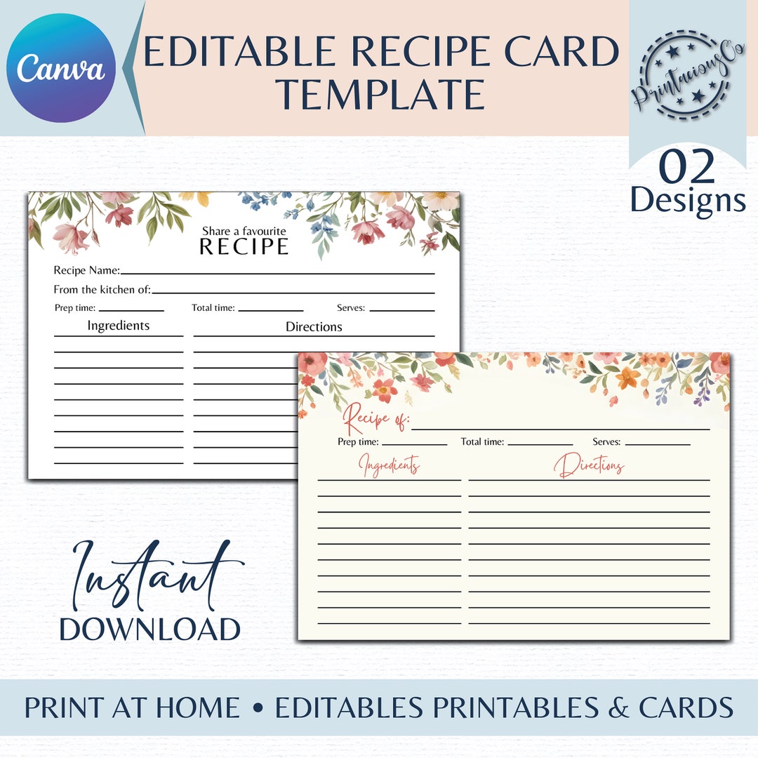 Editable Recipe Card Canva Template Simple Recipe Card Template ...