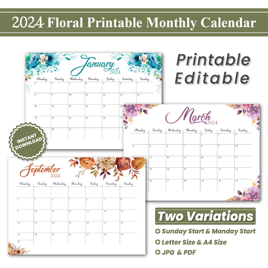 Editable Calendar Bundle 2024 | 2024 Monthly Planner | Fillable Monthly ...