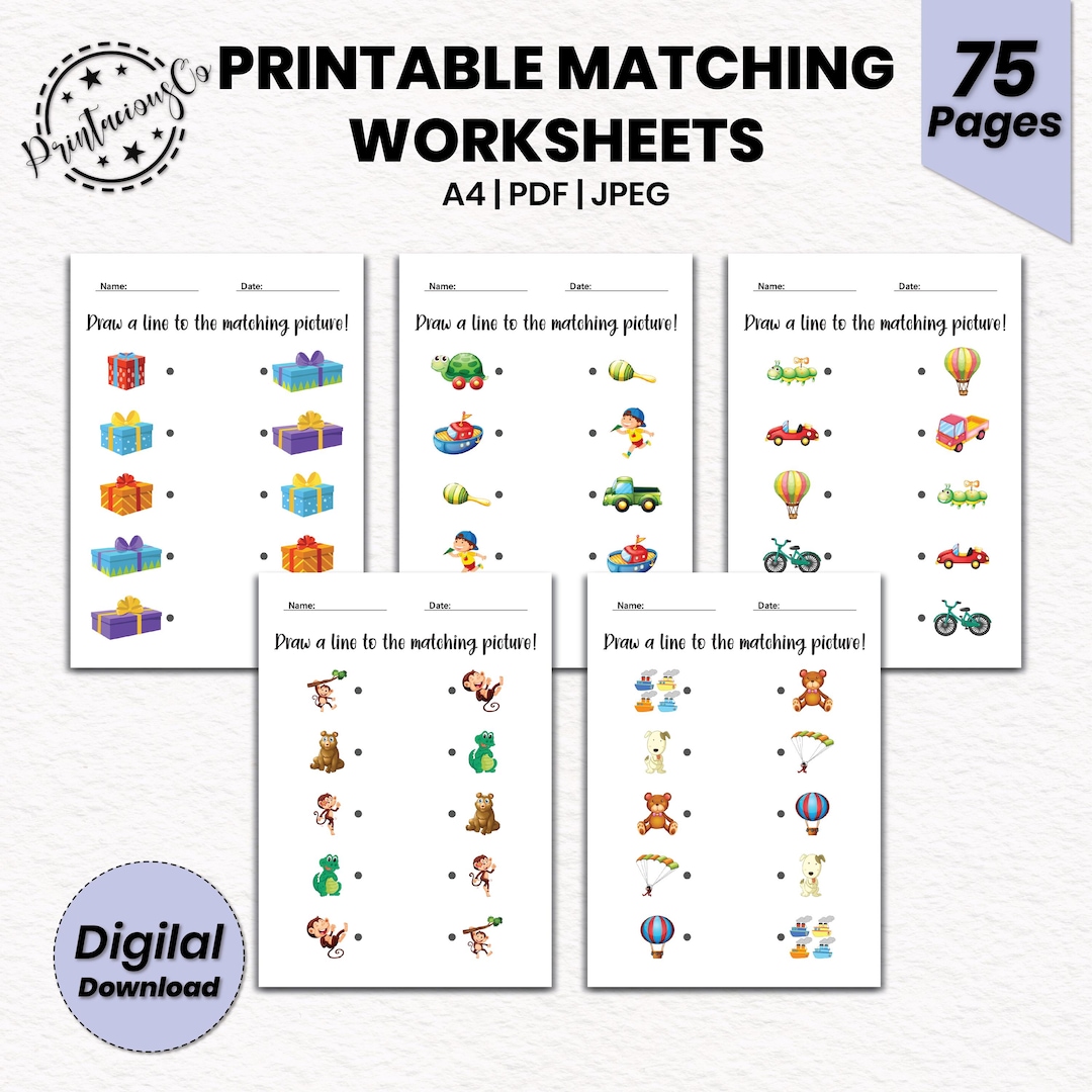 75 Printable Matching Worksheets | Match the Picture | Montessori ...