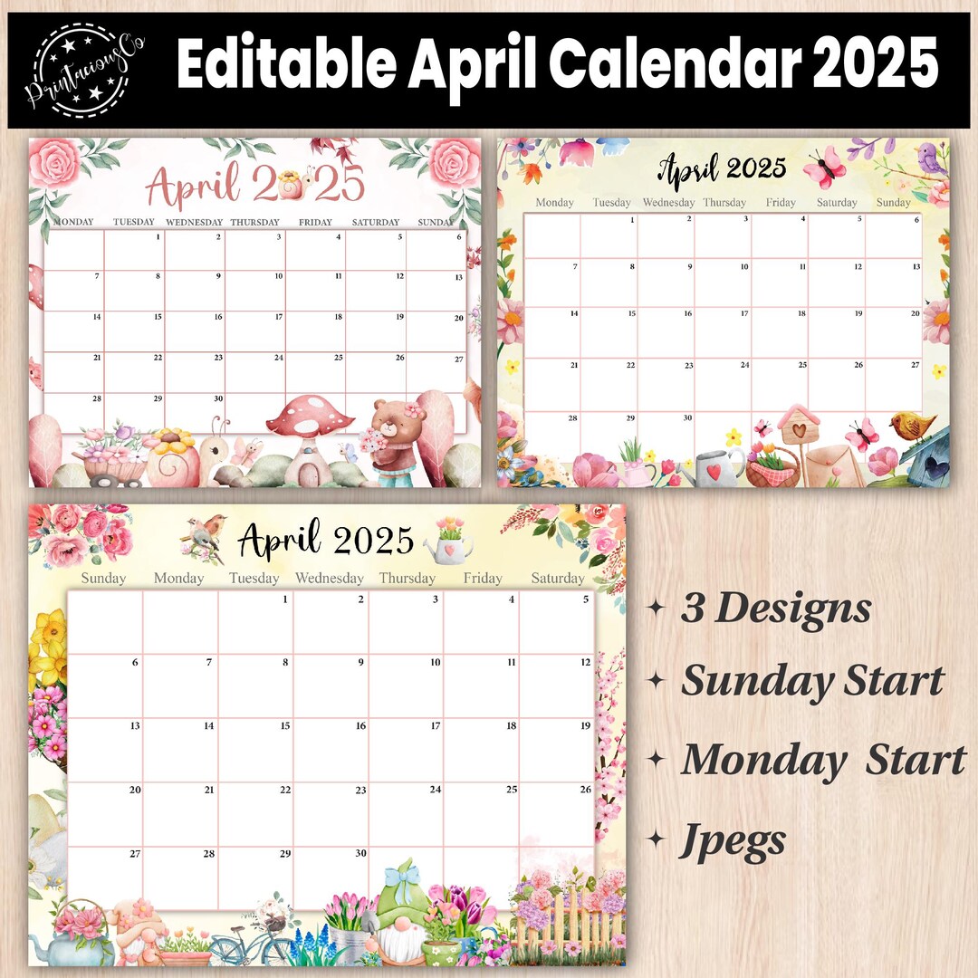 Editable April 2025 Calendar | Printable Wall Calendar 2025 | Fillable ...