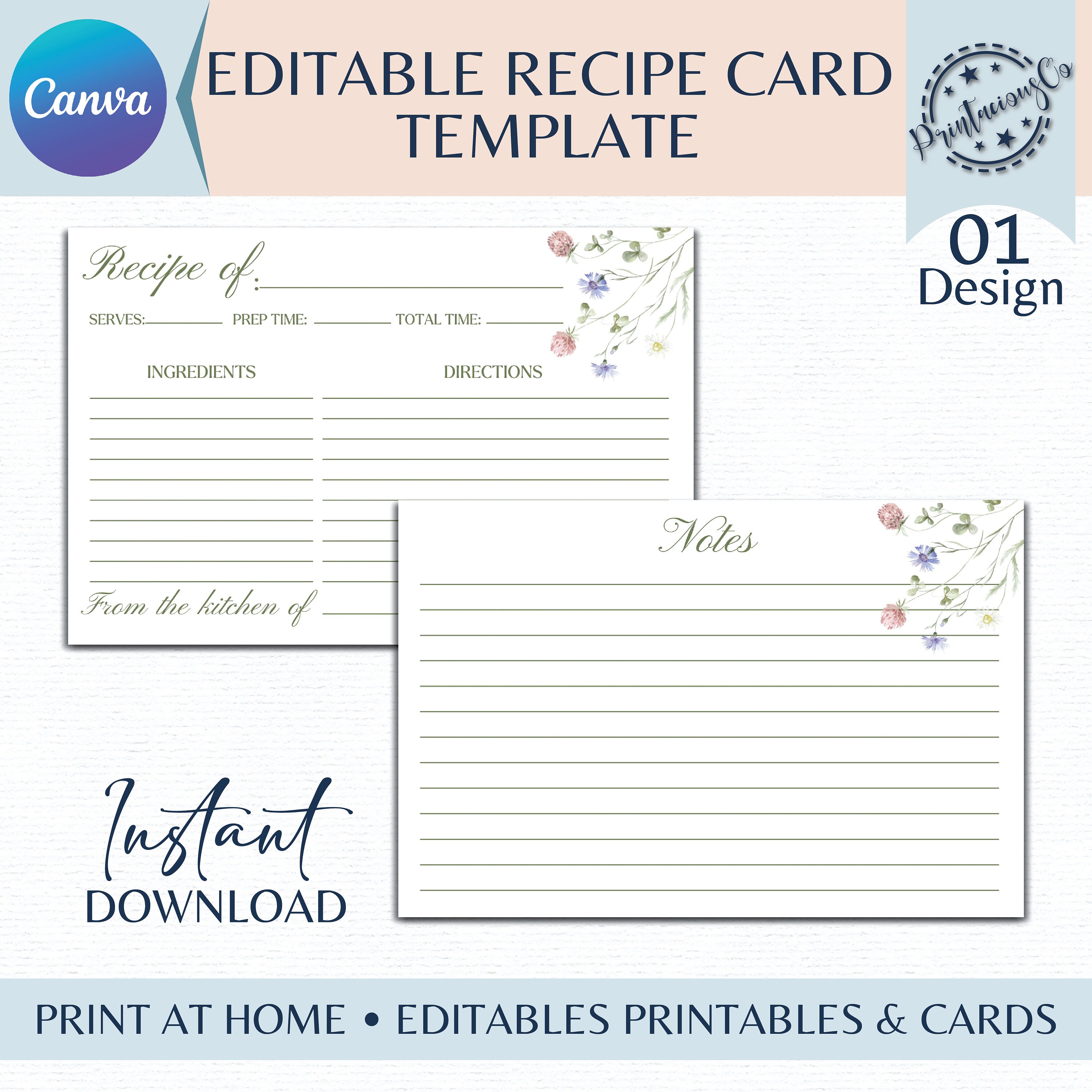 Editable Minimal Recipe Card Canva Template simple Recipe Card Template ...