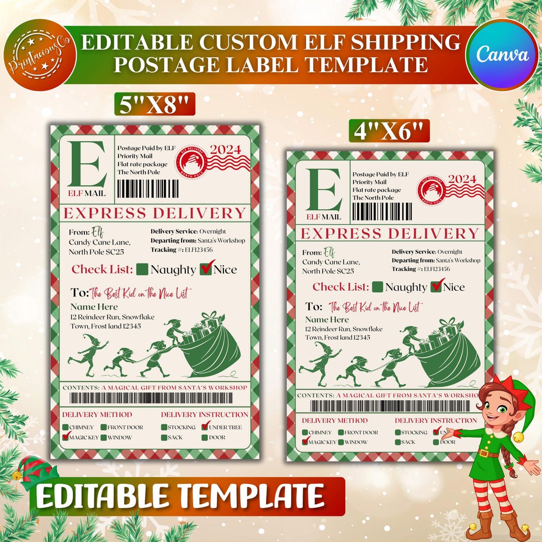 Custom Elf Shipping Postage Label Template | Editable and Printable Elf ...
