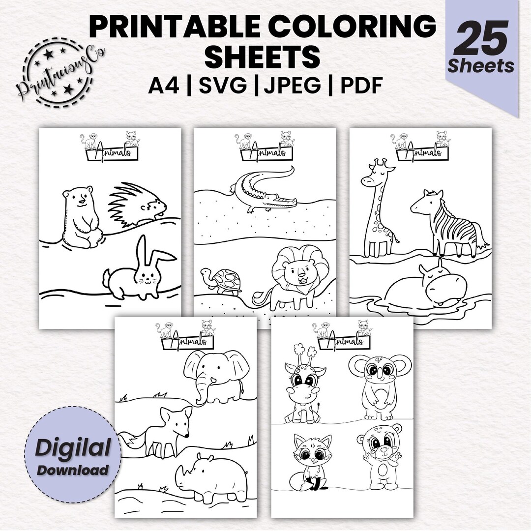 25 Animal Coloring Pages: Kids Printable Activity (digital Download) - Etsy