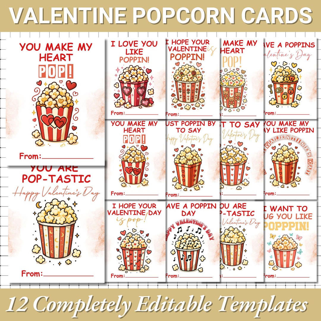 Valentine Popcorn Cards Template |valentine's Day Cards for Kids ...