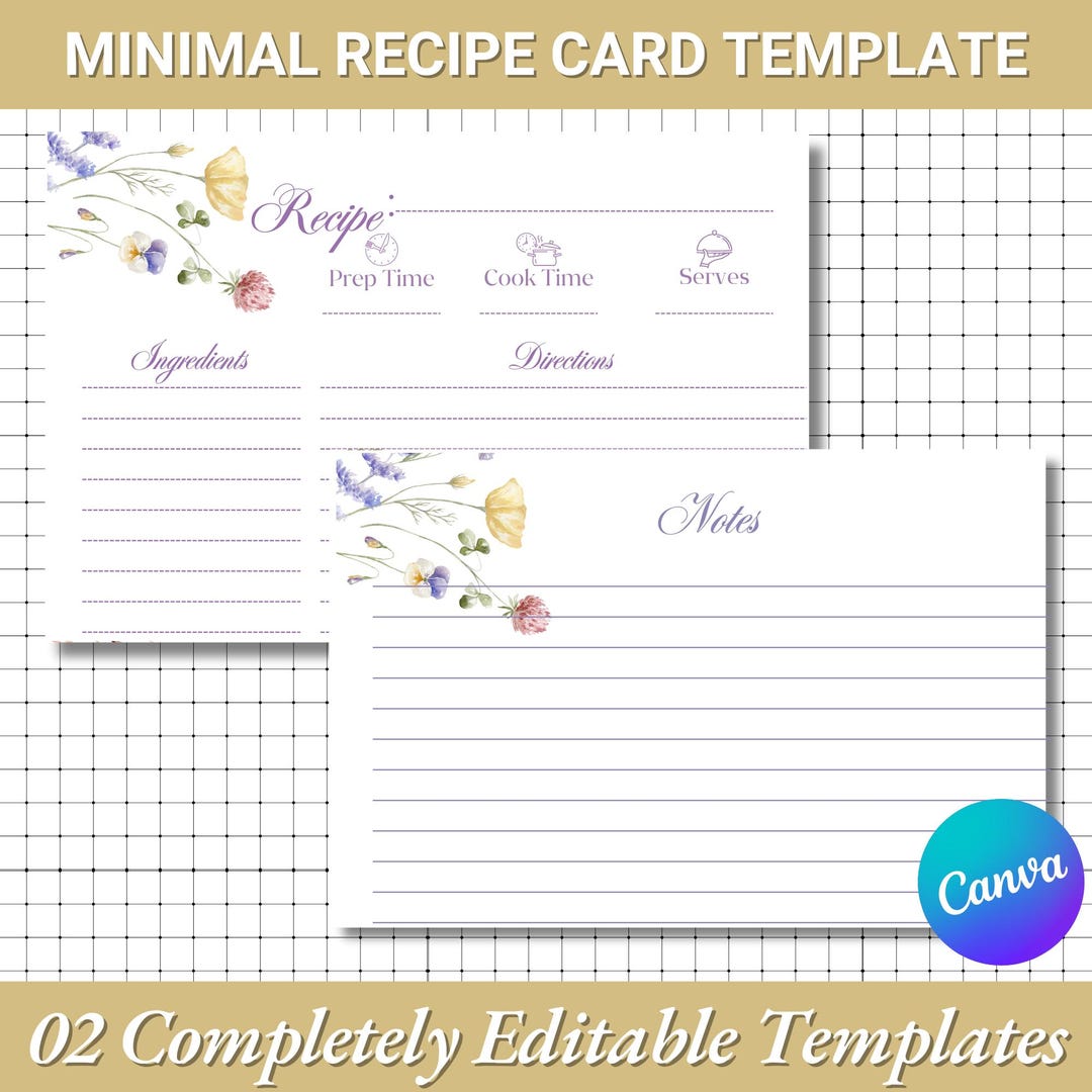 Editable Simple Floral Recipe Card Canva Template | Simple Recipe Card ...