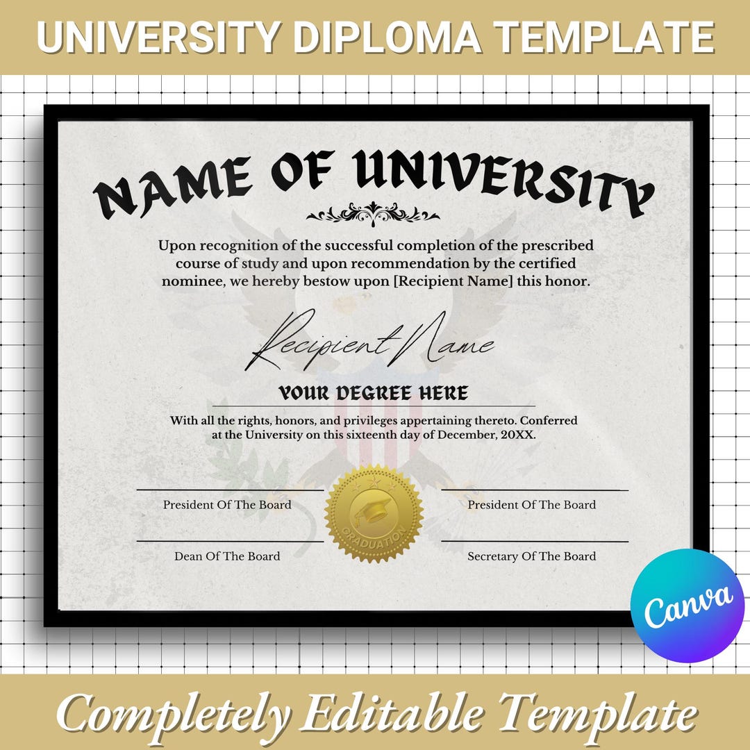 Editable University Diploma Template: Custom Graduation Certificate ...