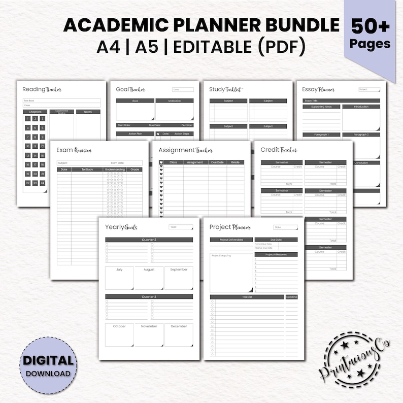 Editable Academic Planner Bundle: College Student Study Project (PDF ...