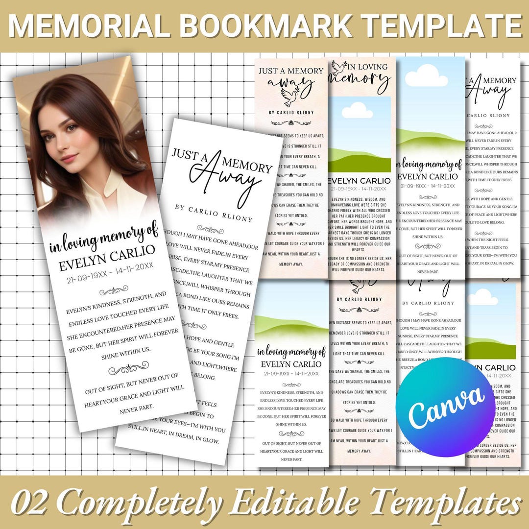 Memorial Bookmark Template |editable Funeral Bookmark |remembrance ...