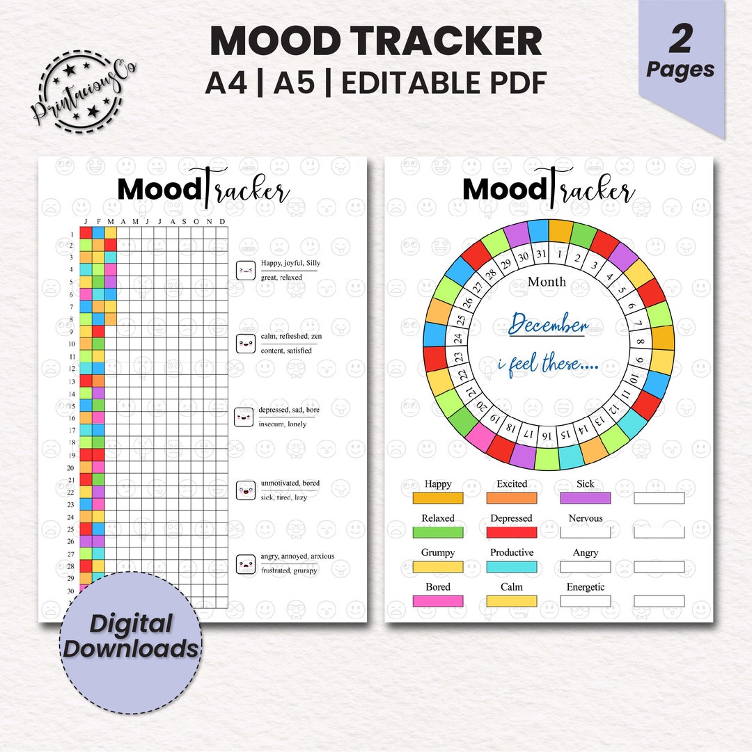 Mood Tracker Printable Mood Chart Mood Journal Daily Tracker Feeling Tracker Mood Log A5 Planner ...