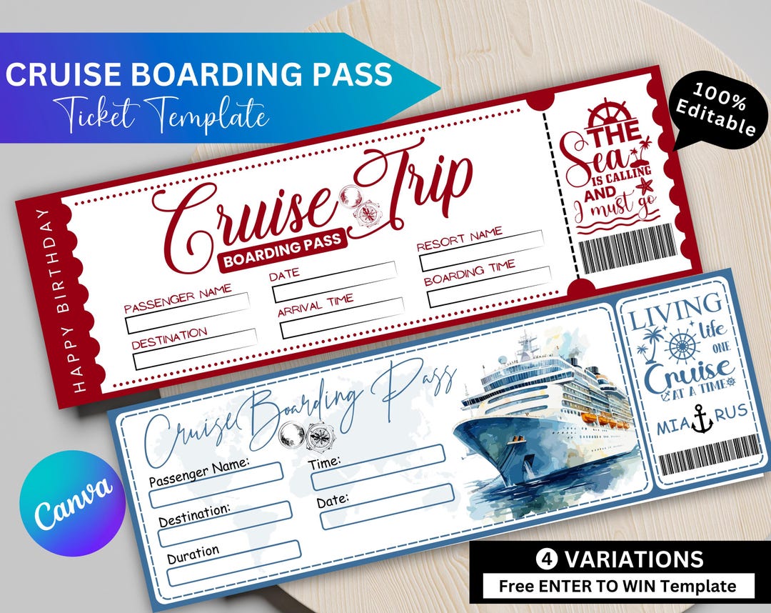 4 Editable Cruise Boarding Pass Cruise Ship Ticket |vacation Trip Gift ...