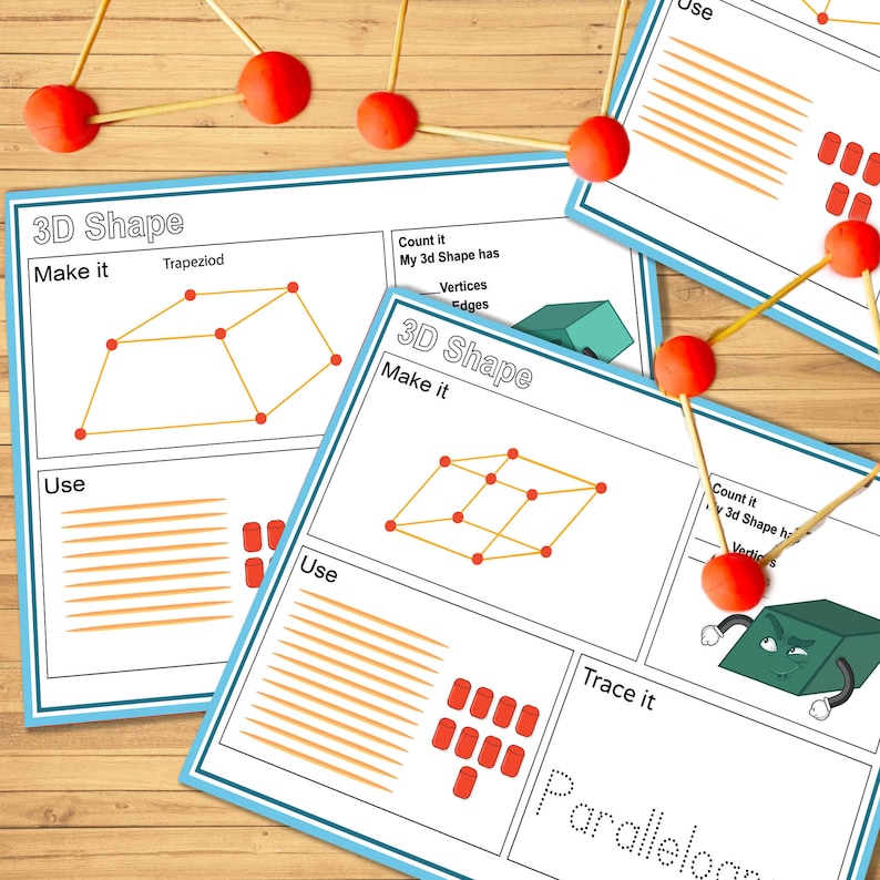 24 Toothpicks 3D Shapes Activity Game for Toddler Printable Kids ...