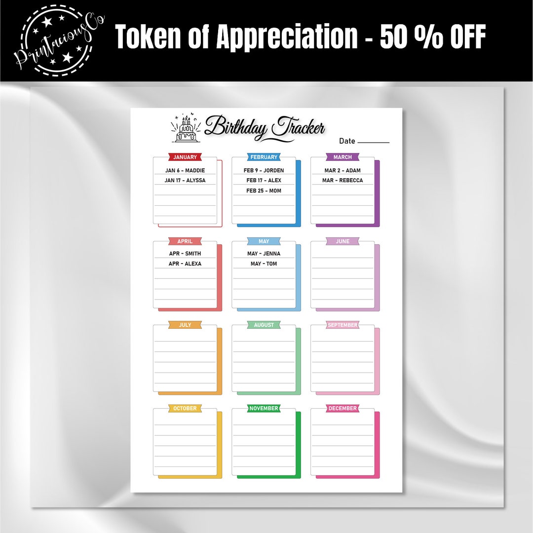 Birthday Tracker A4 Journal Page Printable Tracker Birthday Calendar ...