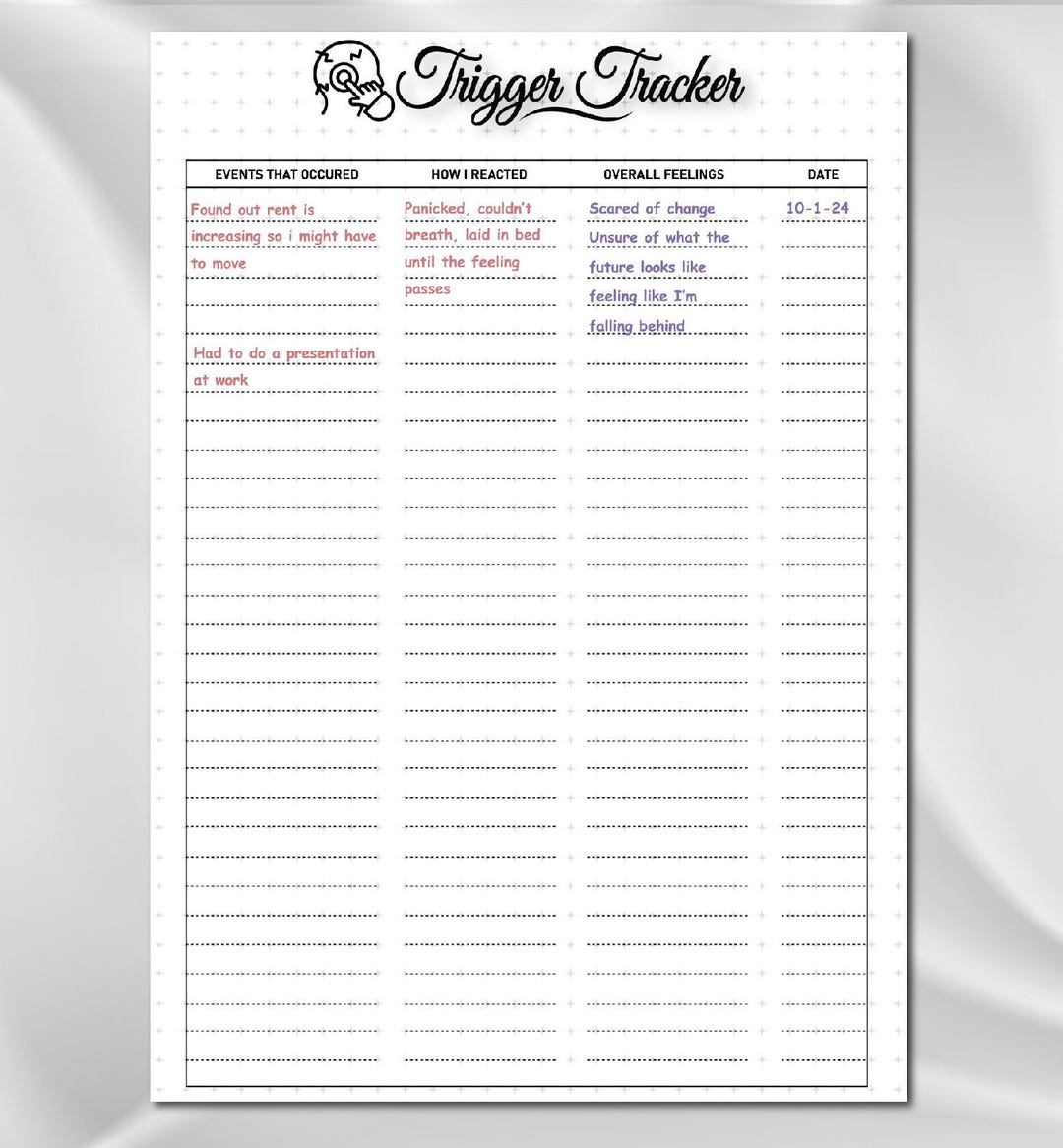 Trigger Tracker A4 Journal Page Printable Tracker Anxiety Tracker ...