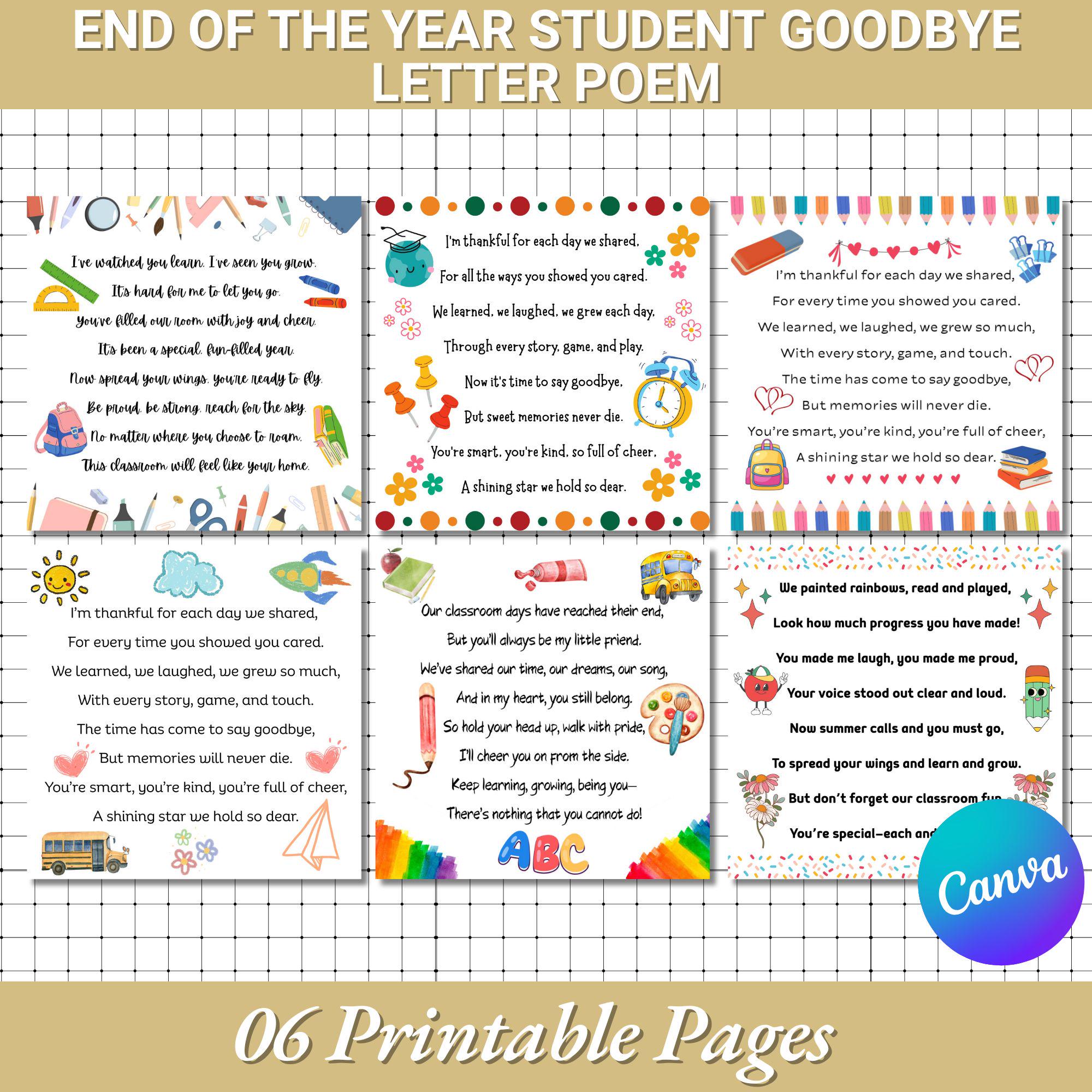 End of Year Student Goodbye Letter Poem | Printable Canva Template - Etsy