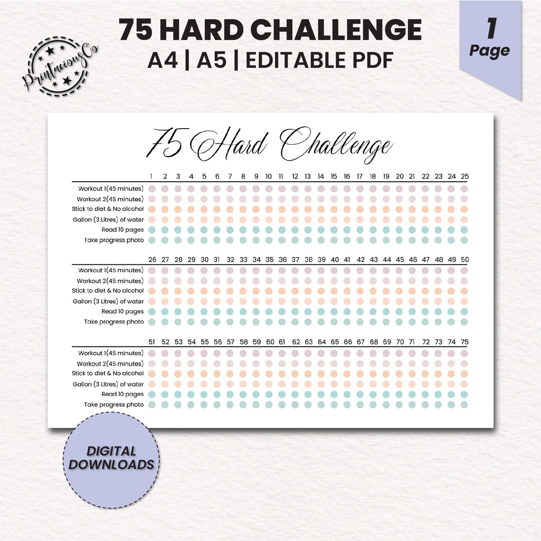Editable 75 Hard Challenge 75 Hard Tracker 75 Hard Printable 75 Day ...