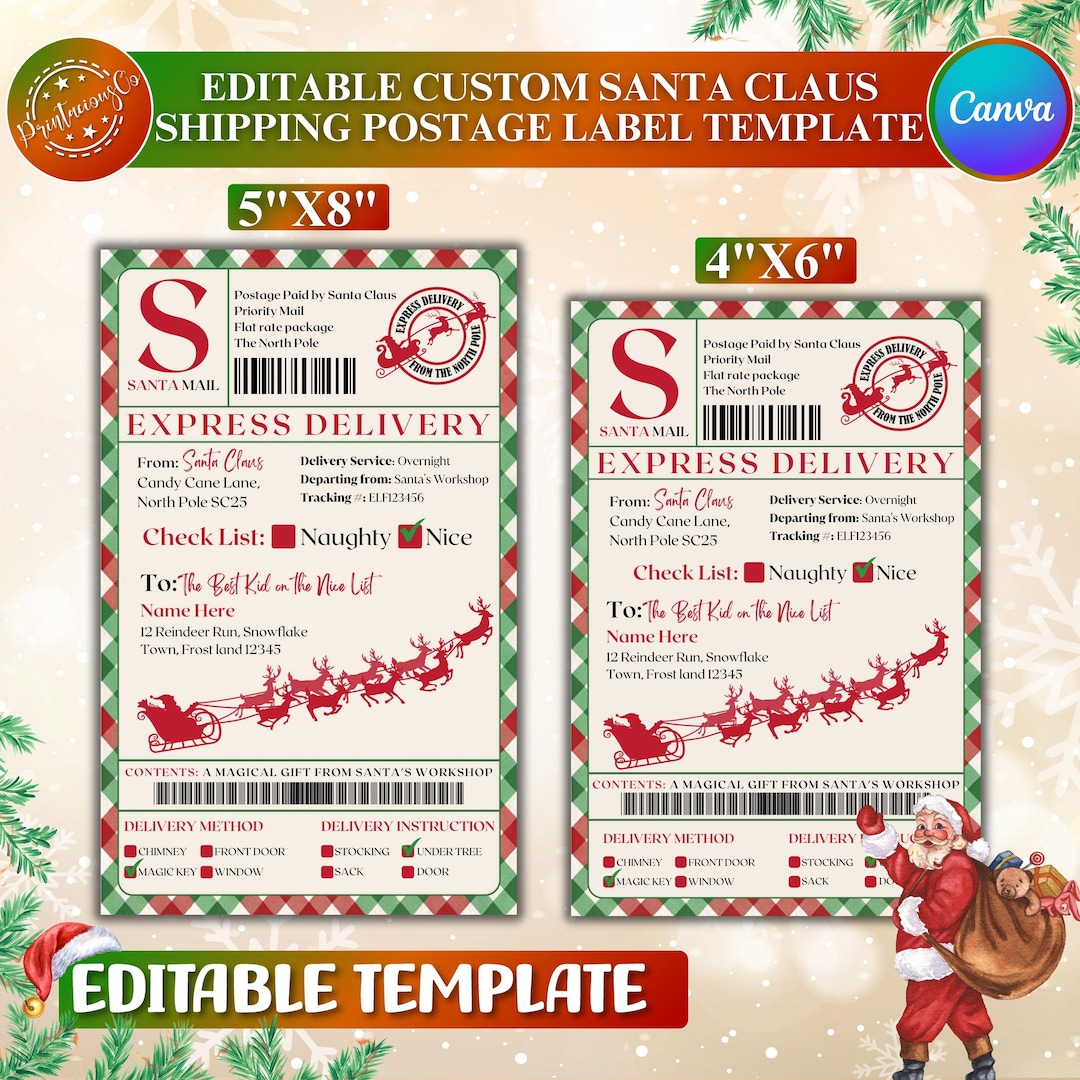 Santa Claus Shipping Postage Label Canva Template |editable & Printable ...