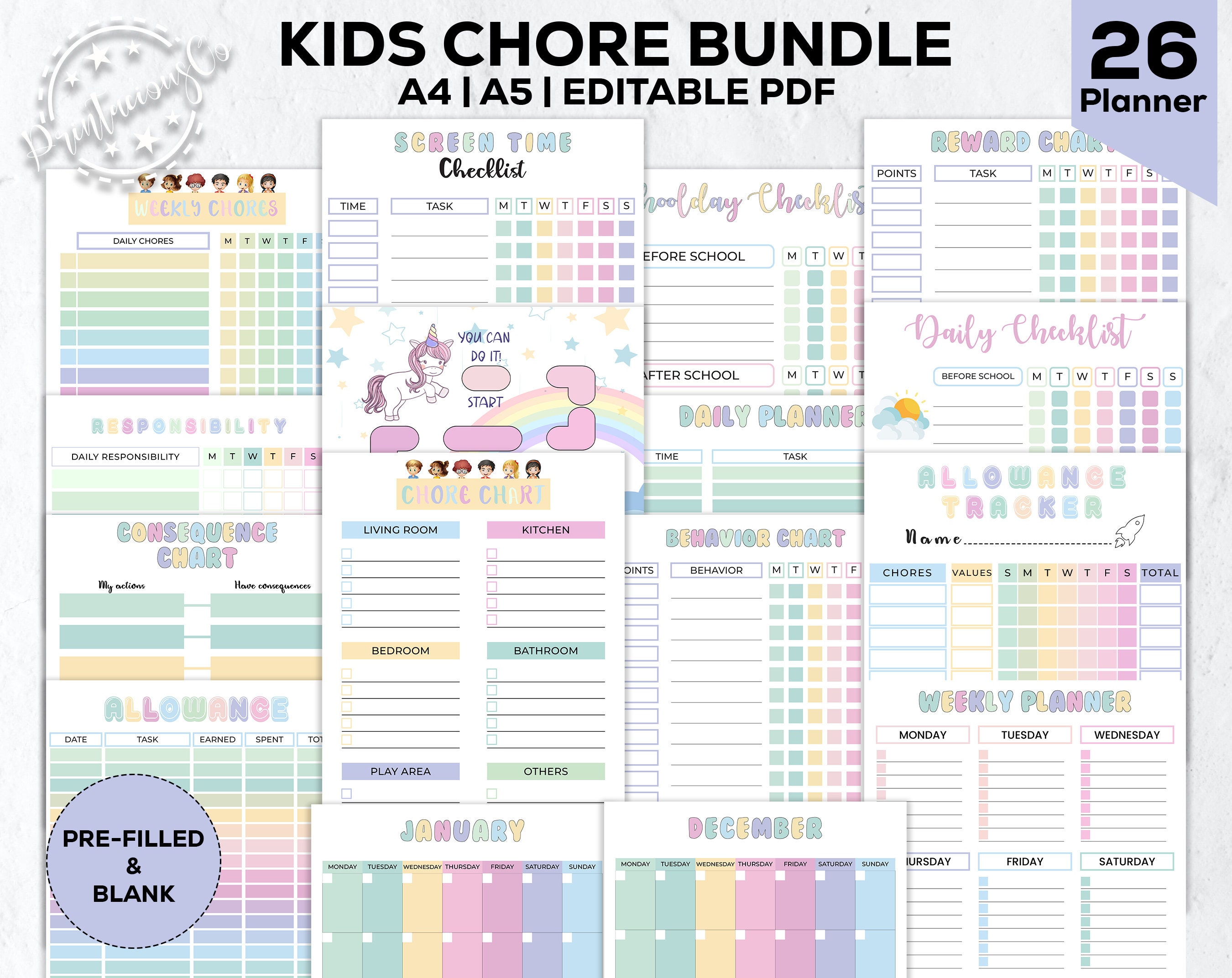 Editable Kids Chore Chart Bundle: Responsibility & Behavior (PDF) - Etsy
