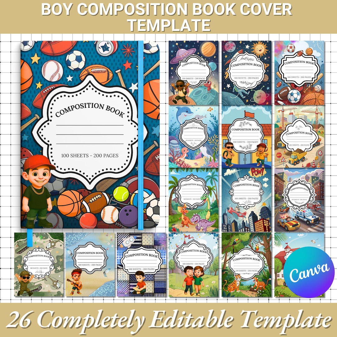 Boy Composition Book Cover Template: Editable DIY Design (digital ...