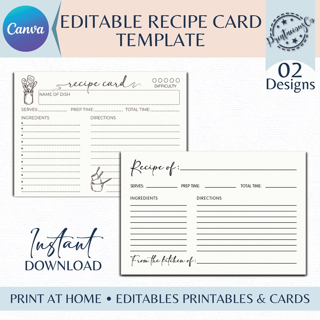 Editable Recipe Card Canva Template Simple Recipe Card Template ...