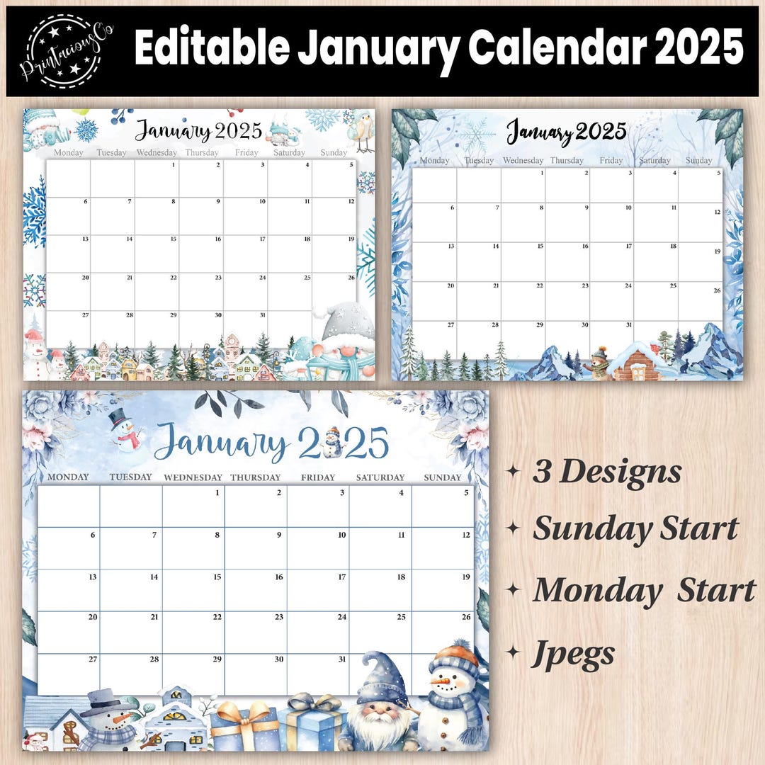 Editable January 2025 Calendar: Printable Monthly Planner (digital ...