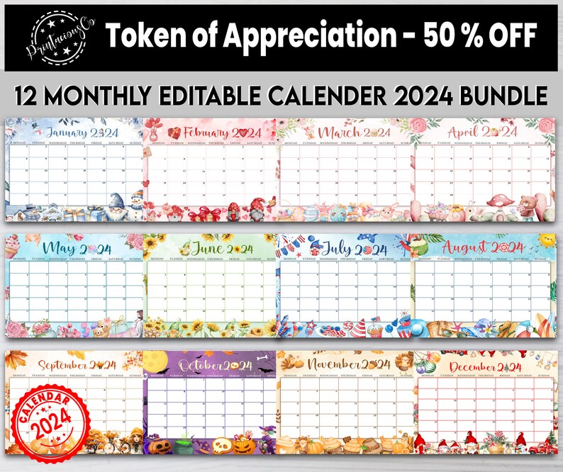Editable 2024 Wall Calendar Bundle: Printable Monthly Planner (digital ...