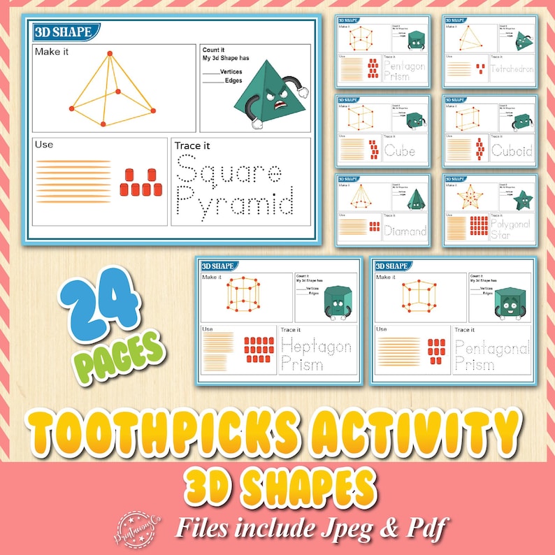 24 Toothpicks 3D Shapes Activity Game for Toddler Printable Kids ...