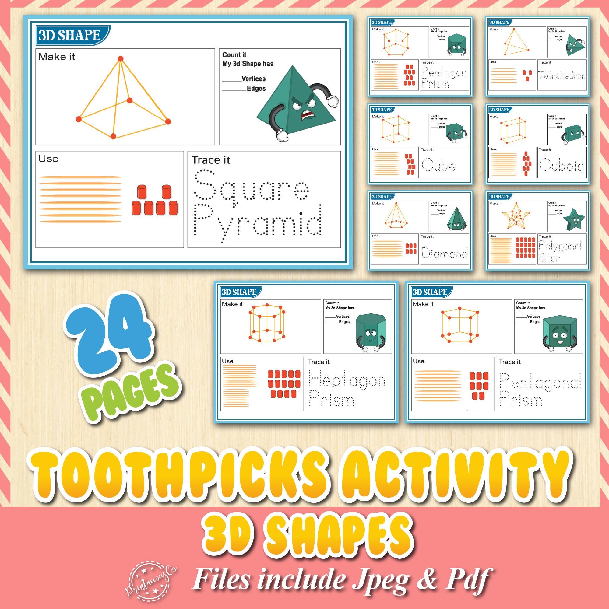 24 Toothpicks 3D Shapes Activity Game for Toddler Printable Kids ...