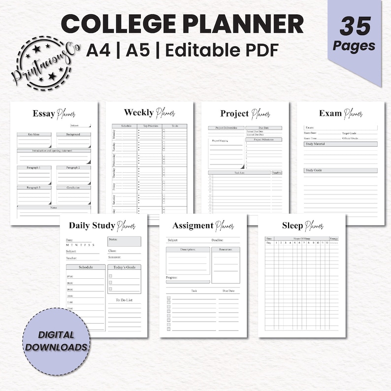 Editable College Planner Bundle Student Planner Printable Study Planner ...