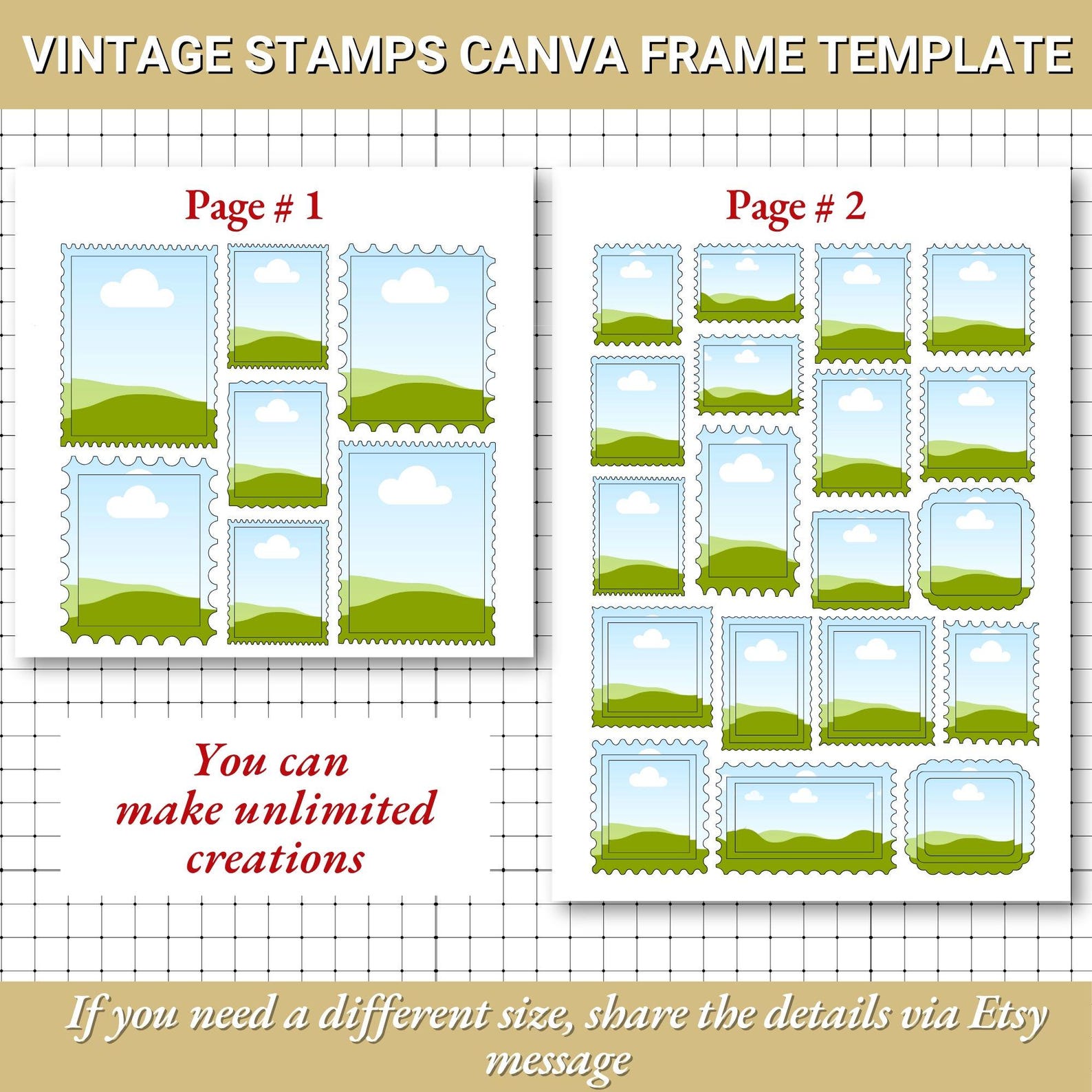 Vintage Stamps Canva Frame Template: Retro Postage Stamp Mockup ...