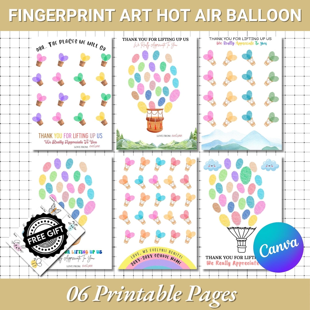 Fingerprint Hot Air Balloon Art | Teacher Gift, Keepsake (printable ...