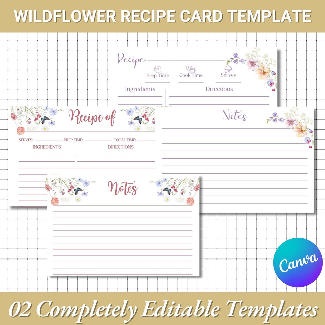 Wildflower Recipe Card Canva Template | Editable Recipe Card Template ...