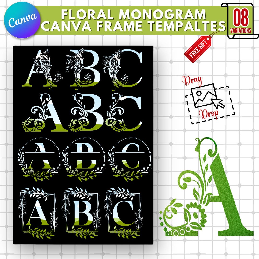 Floral Monogram Canva Template: Split Letter Frame (digital Download ...