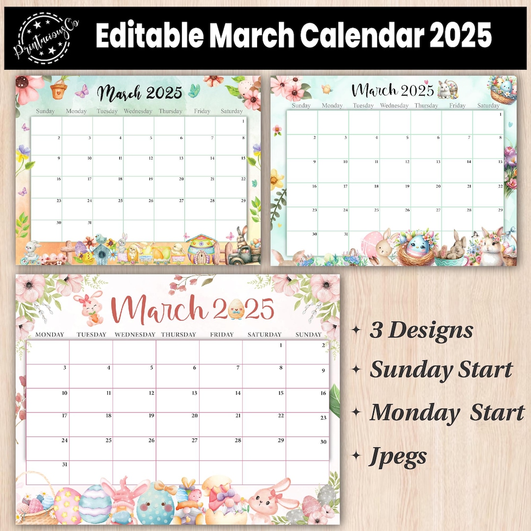 Editable March 2025 Calendar | Printable Wall Calendar 2025 | Fillable ...