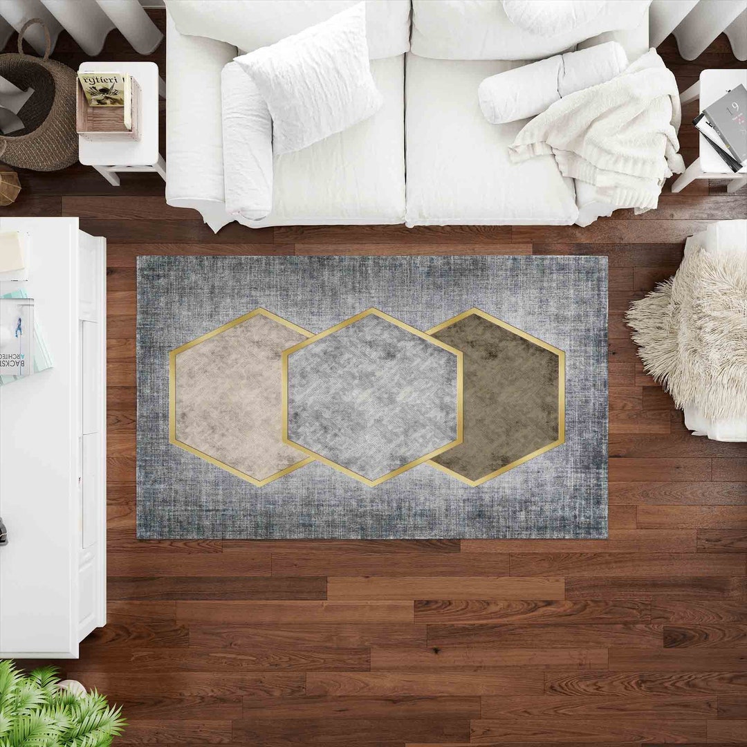Hexagon Shapes Rugs, Golden Rug, Geometric Pattern Rugs, Modern Rugs ...