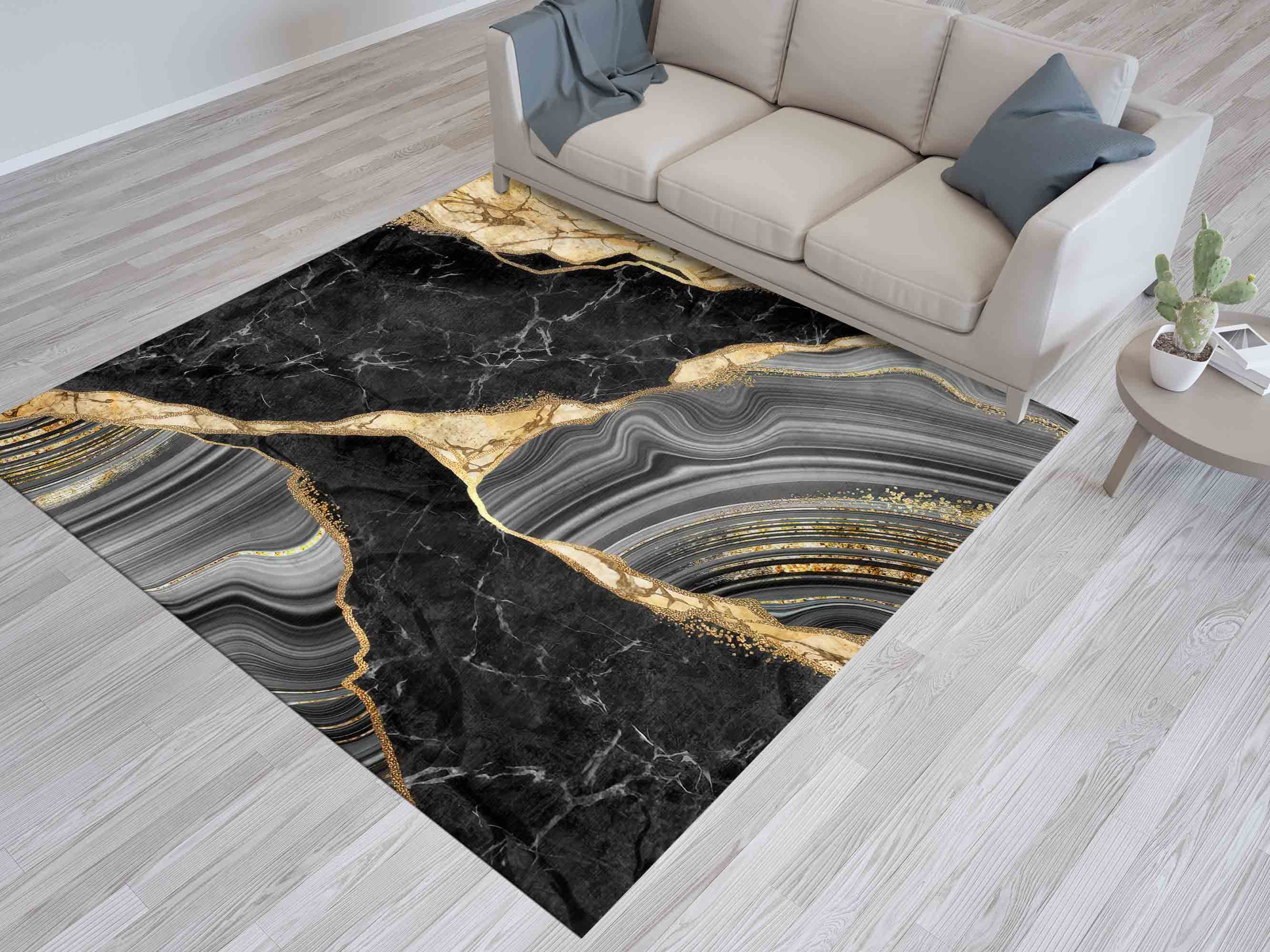 Black and Gold Marble Rug, Vlack Marble Rug, Gold Marble Rug, Modern ...