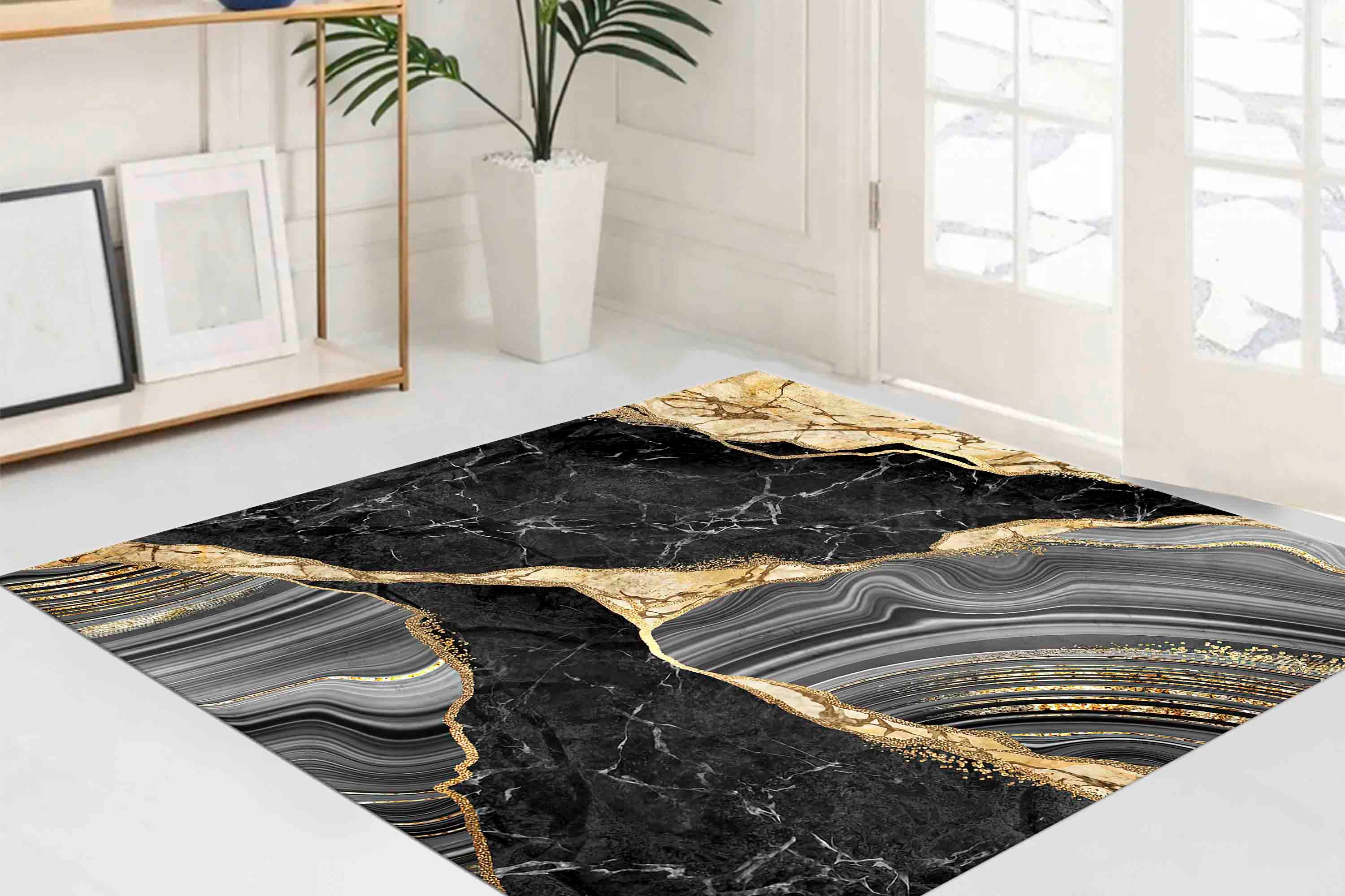 Black and Gold Marble Rug, Vlack Marble Rug, Gold Marble Rug, Modern ...