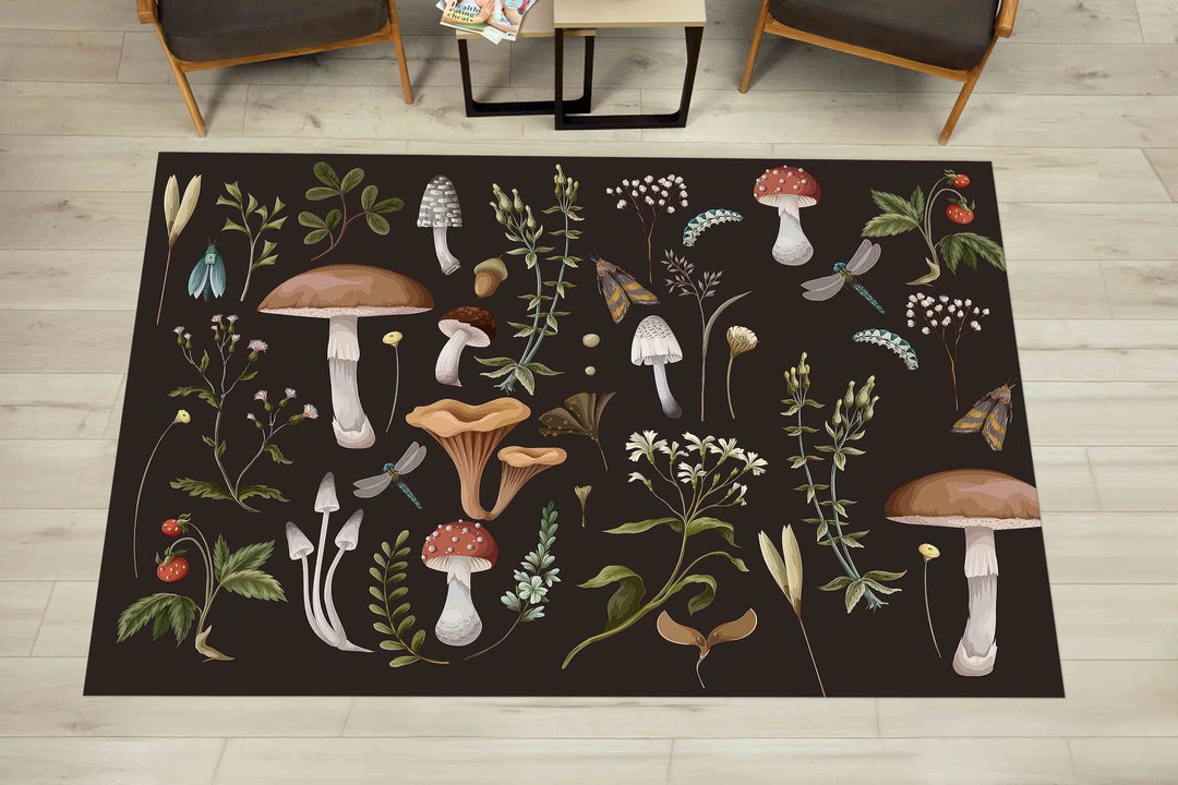 Mushroom Rug: Black Botanical Decor, Pet Friendly Area Rug - Etsy