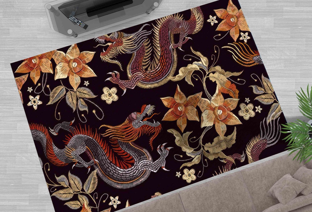 Chinese Dragon Rug, Japanese Pattern Rug, Flowers Dragons Rug, Myth ...