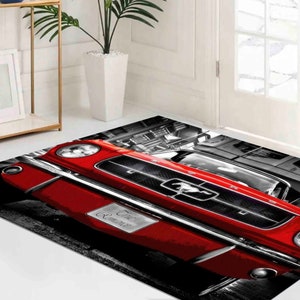 Red Mustang Rug, Classic Car Rug, Retro Car Floor Rug, Vintage Car Area ...