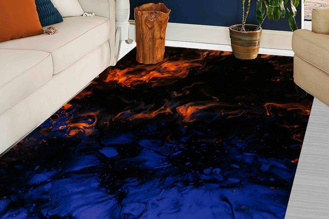 Dark Blue Rug, Orange and Blue Rug, Contemporary Rug, Marble Rug ...