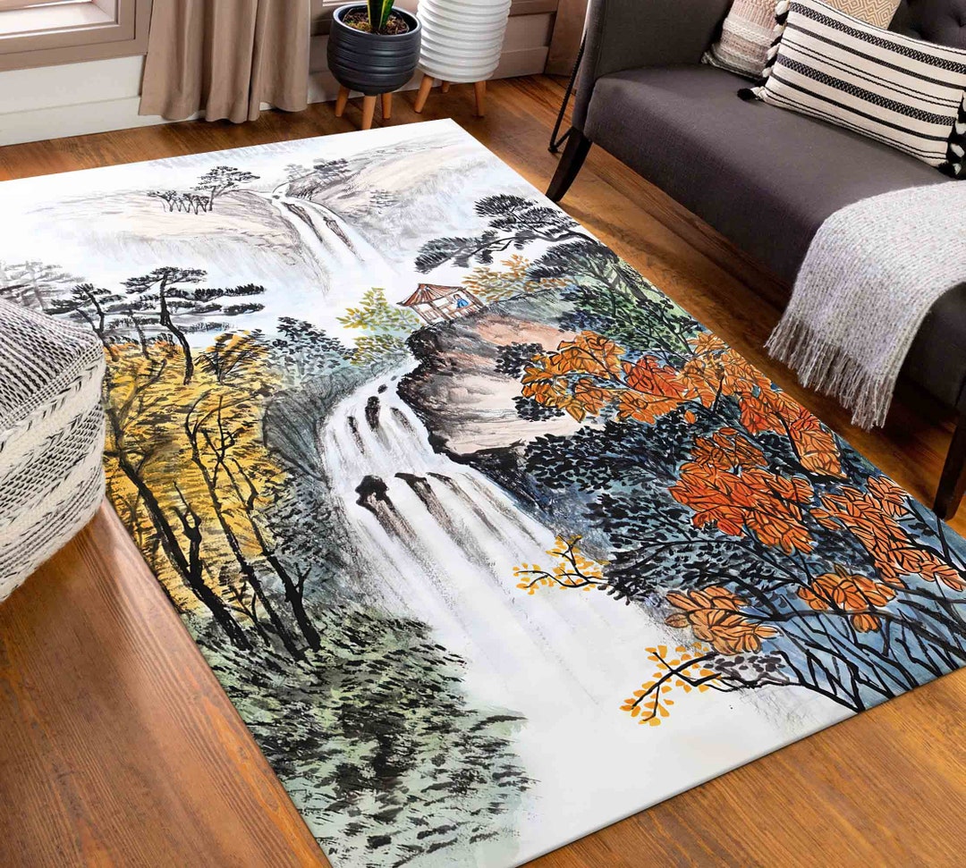 Waterfall Landscape Rug: 3D Autumn View, Non-slip Carpet - Etsy