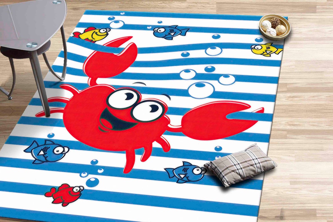 Red Crab and Fish Rugs, Boho Rug, Sea Concept Rug, Children Rug, Living ...