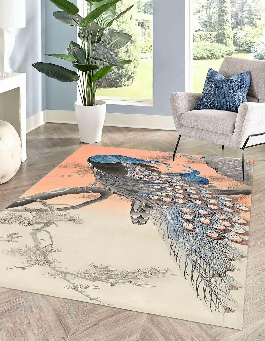 Peacock on a Cherry Blossom Tree Rugs, Ohara Koson Rugs, Peacock Rug ...