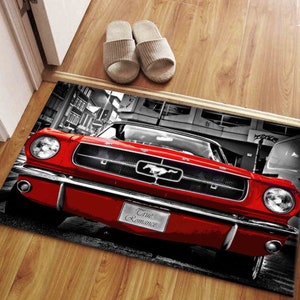 Red Mustang Rug, Classic Car Rug, Retro Car Floor Rug, Vintage Car Area ...