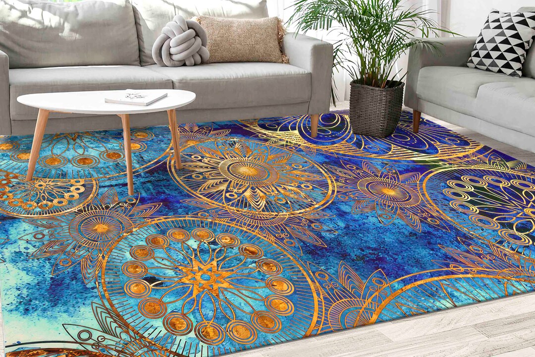 Blue Golden Mandala Rugs, Mandala Rug, Gold Rug, Modern Rugs, Large Rug ...