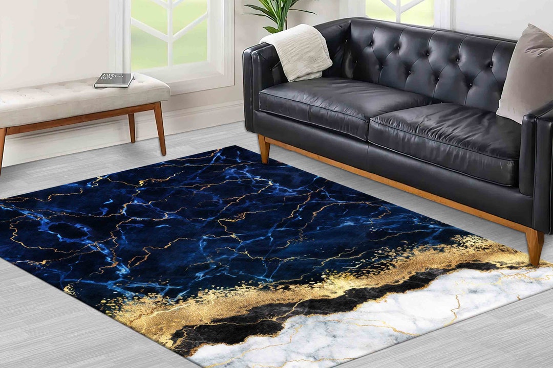 Navy Blue Rug, Gold Marble Rug, Blue Marble Rug, Contemporary Rug, Blue ...