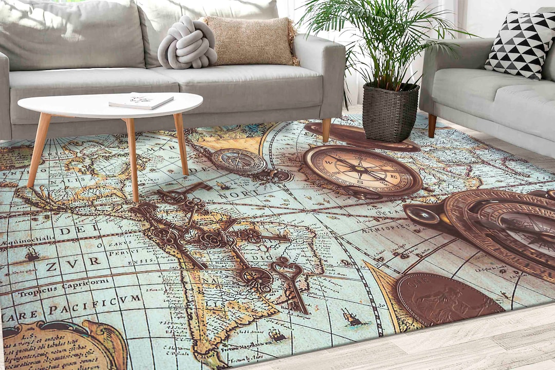 Antique World Map Rug, Vintage World Map Rugs, Brass Pocket Compass Rug ...